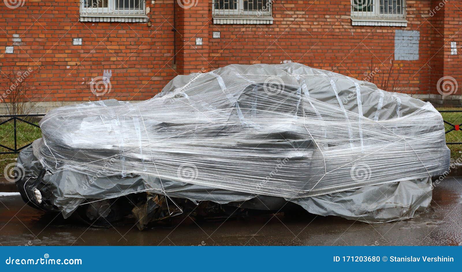 Crashed Car Covered with Polyethylene Stock Photo - Image of material ...