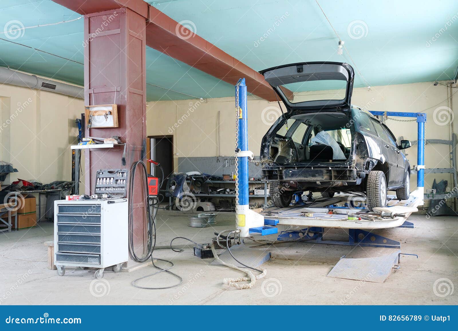 Crashed Car on Stocks in a Car Repair Station Stock Image - Image of ...