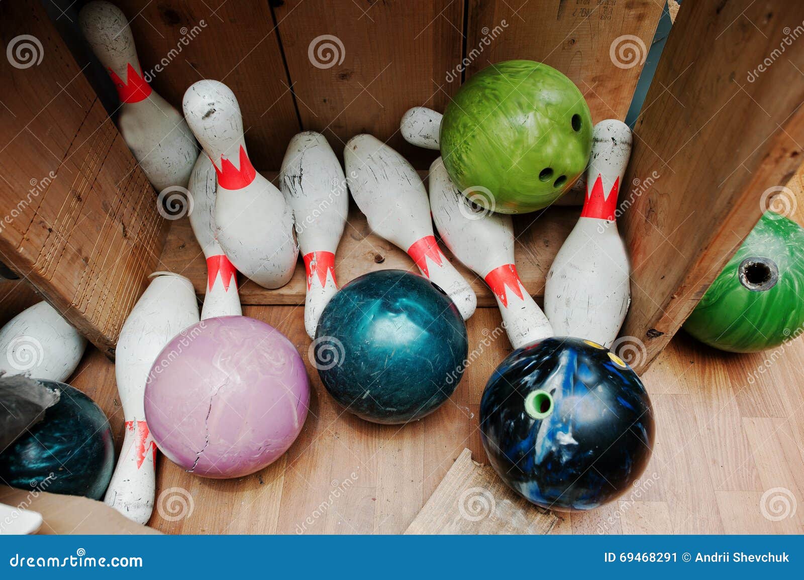 Crashed and Damage Bowling Balls with Pins at Box Stock Image - Image ...