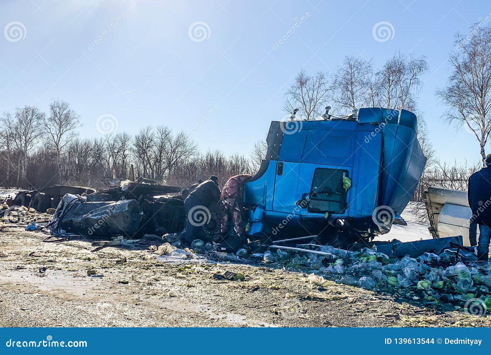 Crashed and Damaged Freight Cargo Truck after Road Accident Stock Photo ...