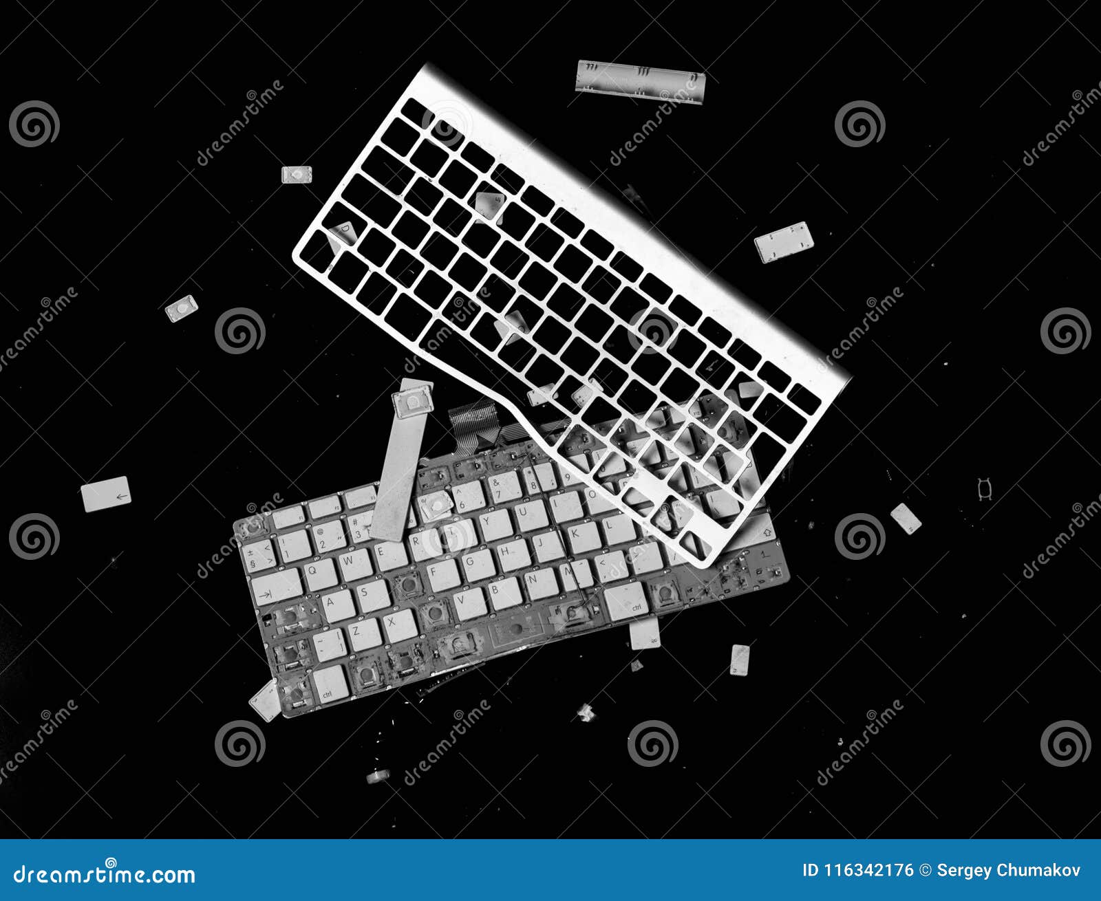 Smashed Keyboard Isolated on Black Background Stock Photo - Image of ...