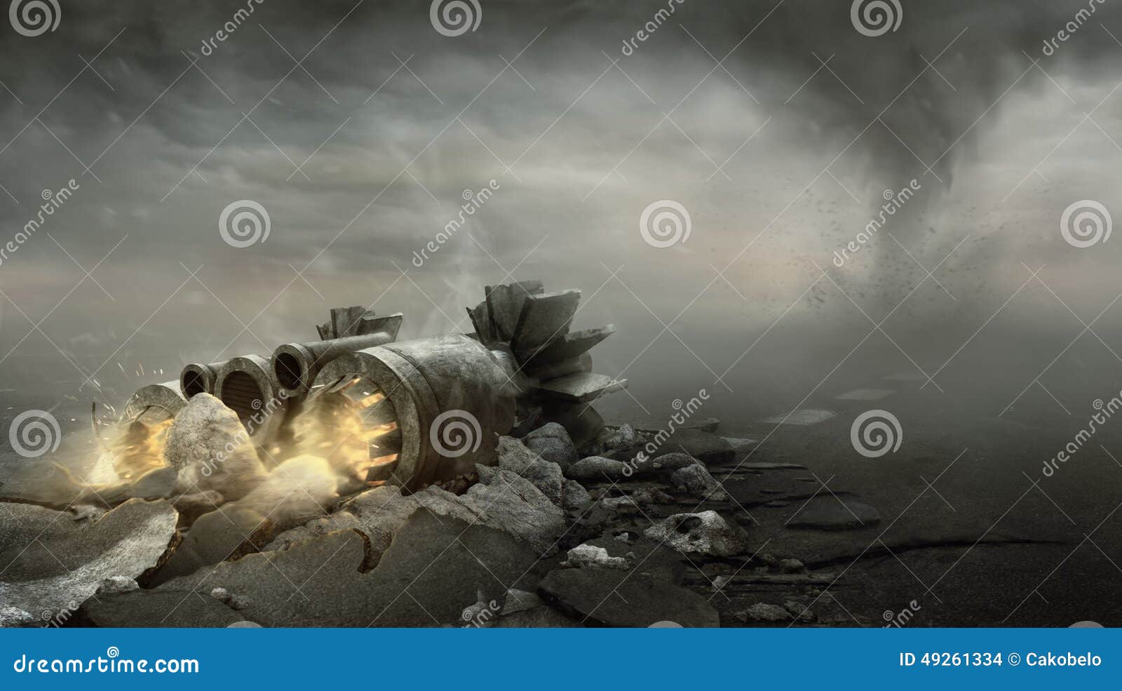 Crashed Missile Rocket in the Road with Tornado Stock Photo - Image of ...