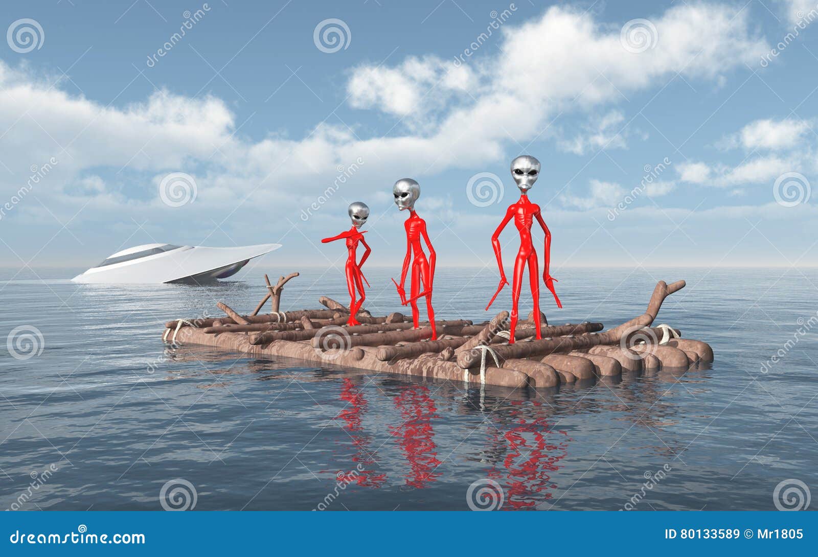 Crashed Spaceship and Aliens on a Raft Stock Illustration ...