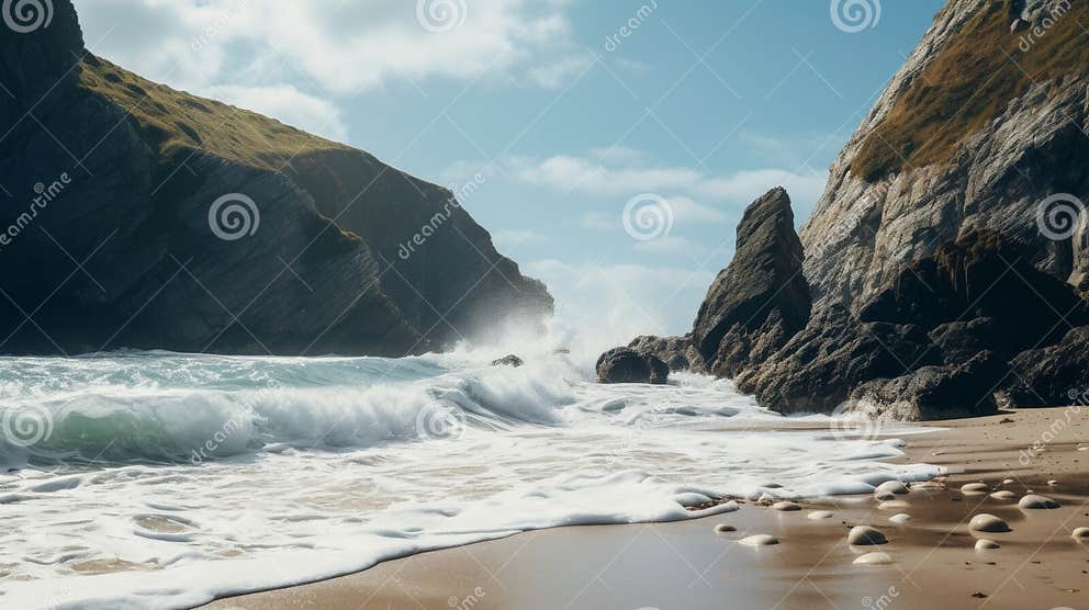 Crashing Waves and Rugged Cliffs at a Secluded Beach Scene Stock ...