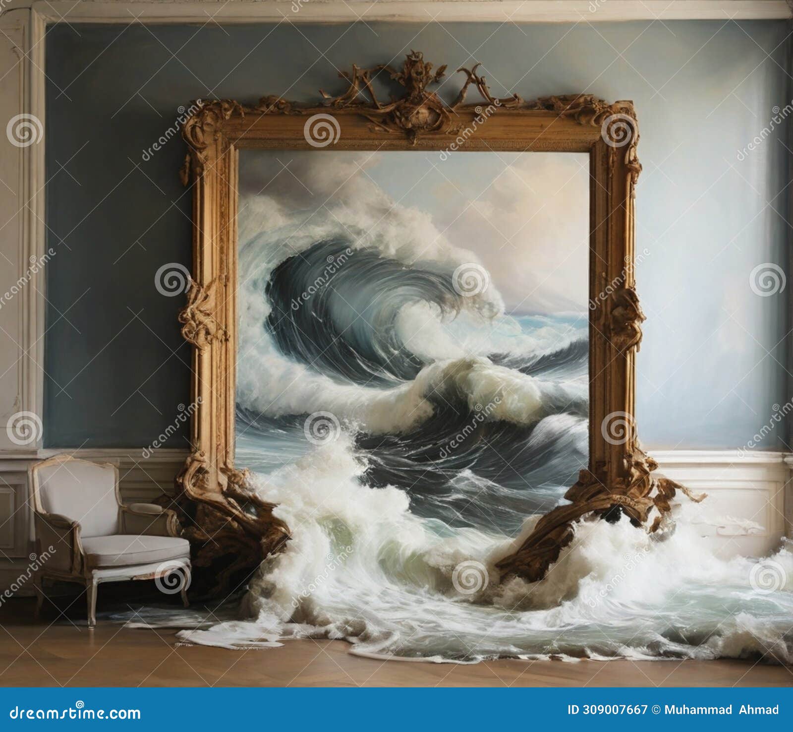 Crashing Waves Spilling Over the Frame of a Painting into a Room. Stock ...