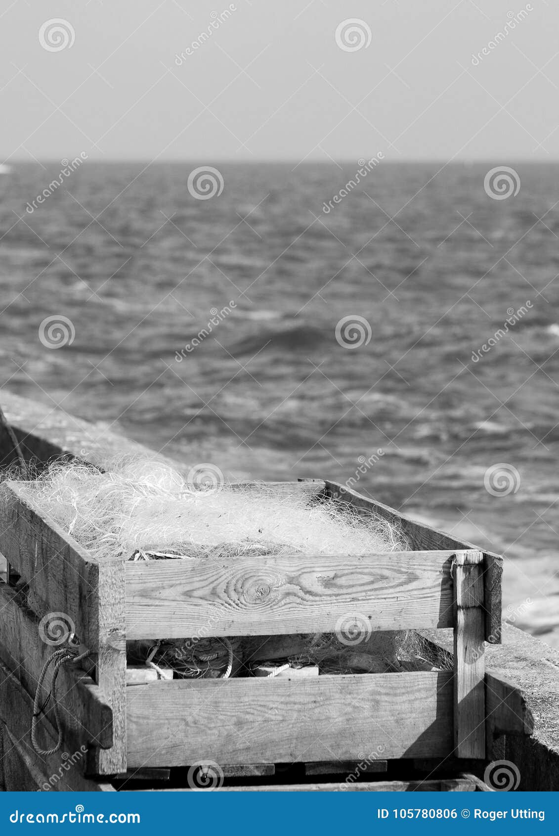 Crate and Sea stock photo. Image of ocean, monochrome - 105780806