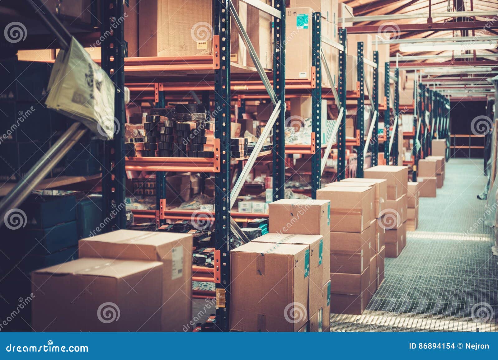 Crates and Boxes on a Shelves in a Warehouse Stock Photo - Image of ...