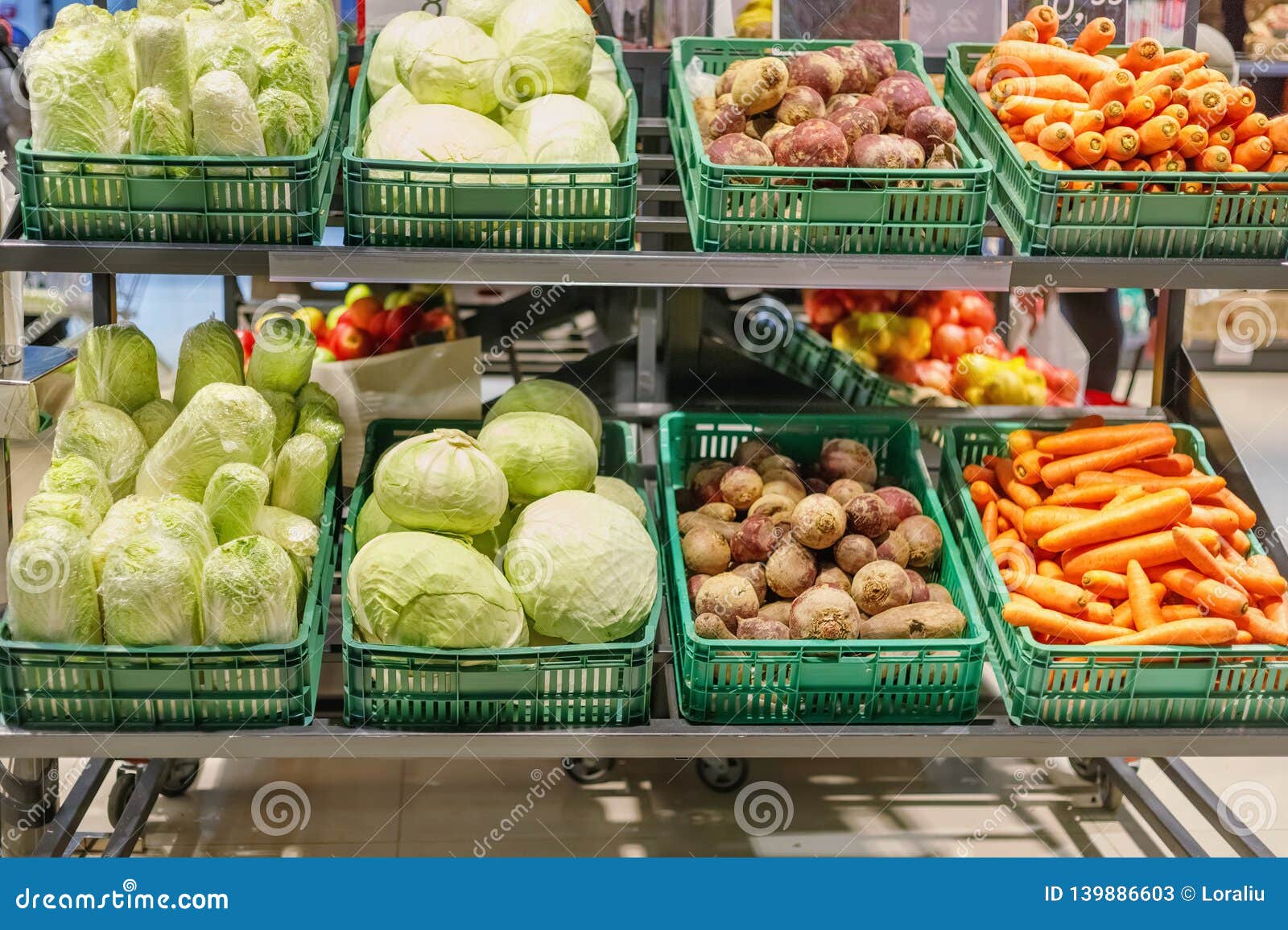 Crates with Ripe Fresh Cabbage, Carrots on Shelves Stock Image - Image ...