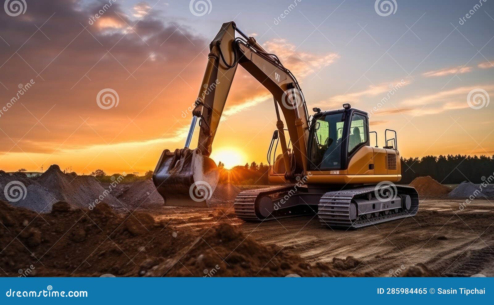 Crawler Excavator During Earthwork On Construction Site At Sunset ...