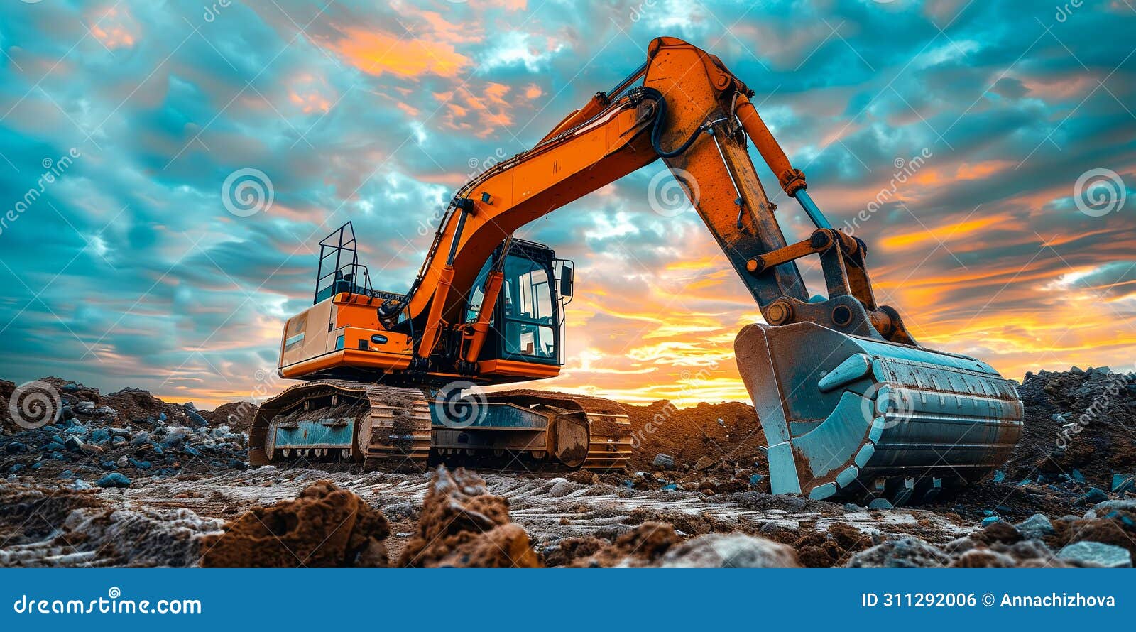 Crawler Excavator Front View Digging on Demolition Site in Backlight ...