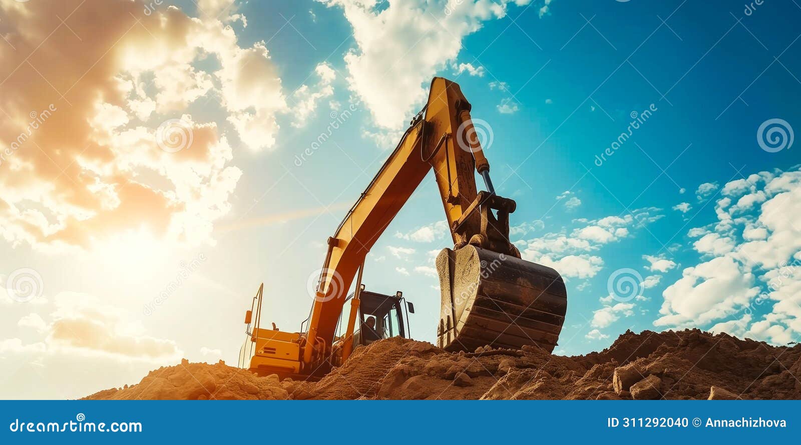 Crawler Excavator Front View Digging on Demolition Site in Backlight ...