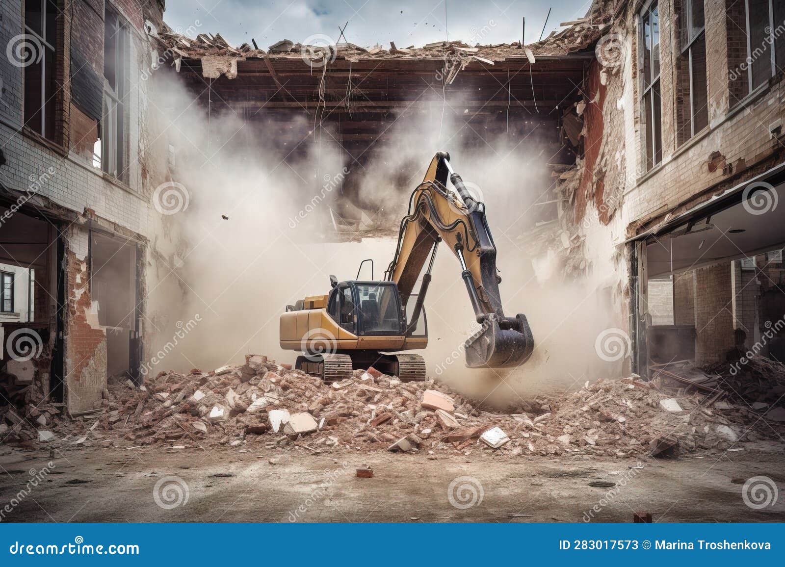 Crawler Excavator Front View Digging on Demolition Site. Stock ...
