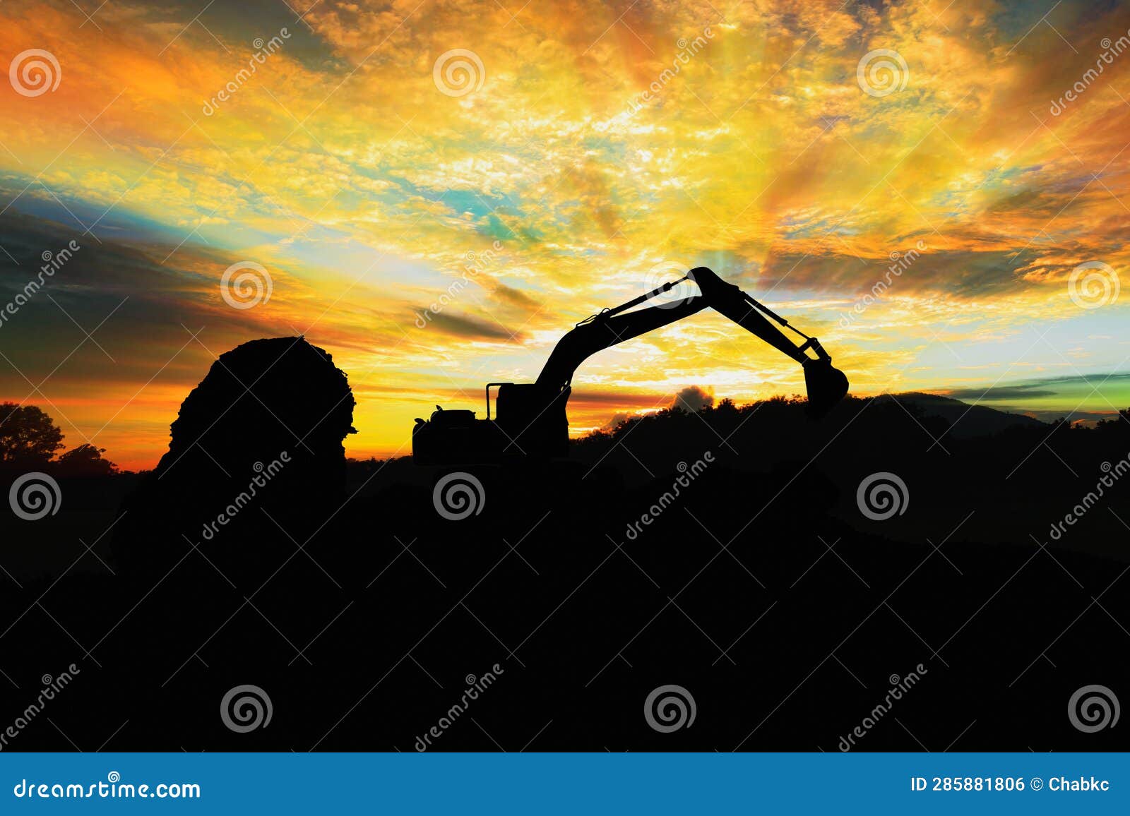 Crawler Excavators Silhouette Are Digging The Soil In The Construction ...