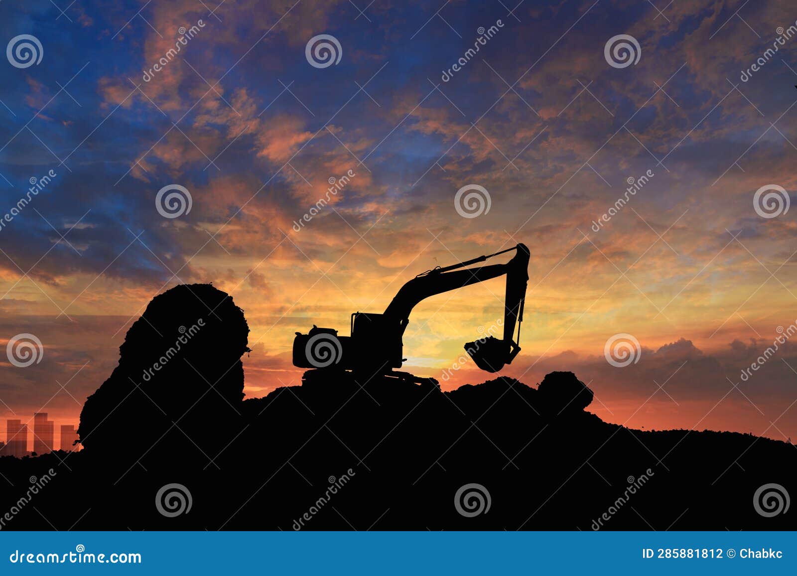 Crawler Excavators Silhouette Are Digging The Soil In The Construction ...