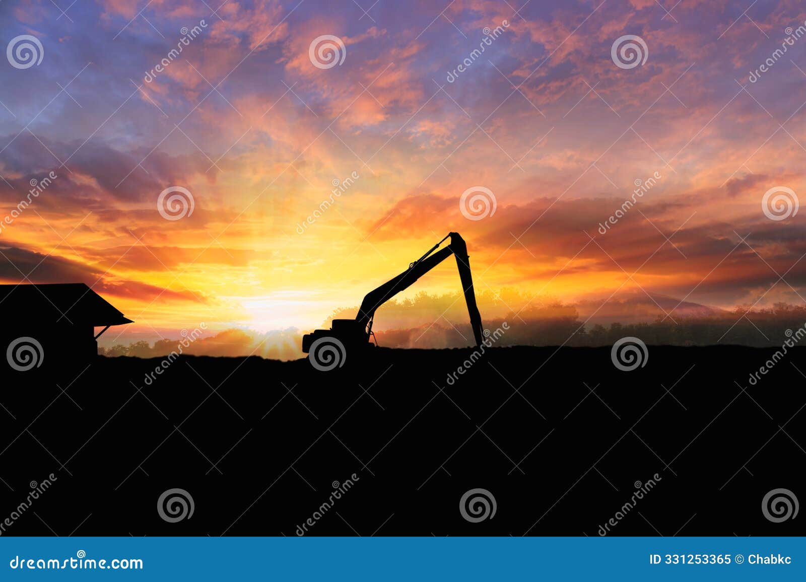 Crawler Excavators Silhouette Are Digging The Soil In The Construction ...