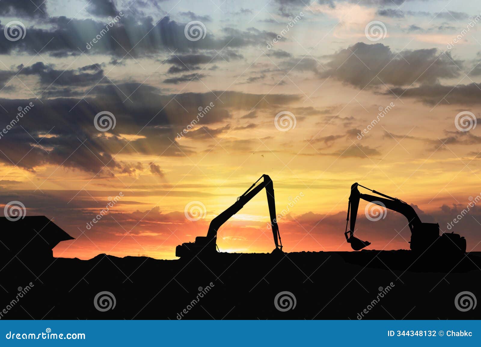 Crawler Excavators Silhouette Are Digging The Soil In The Construction ...