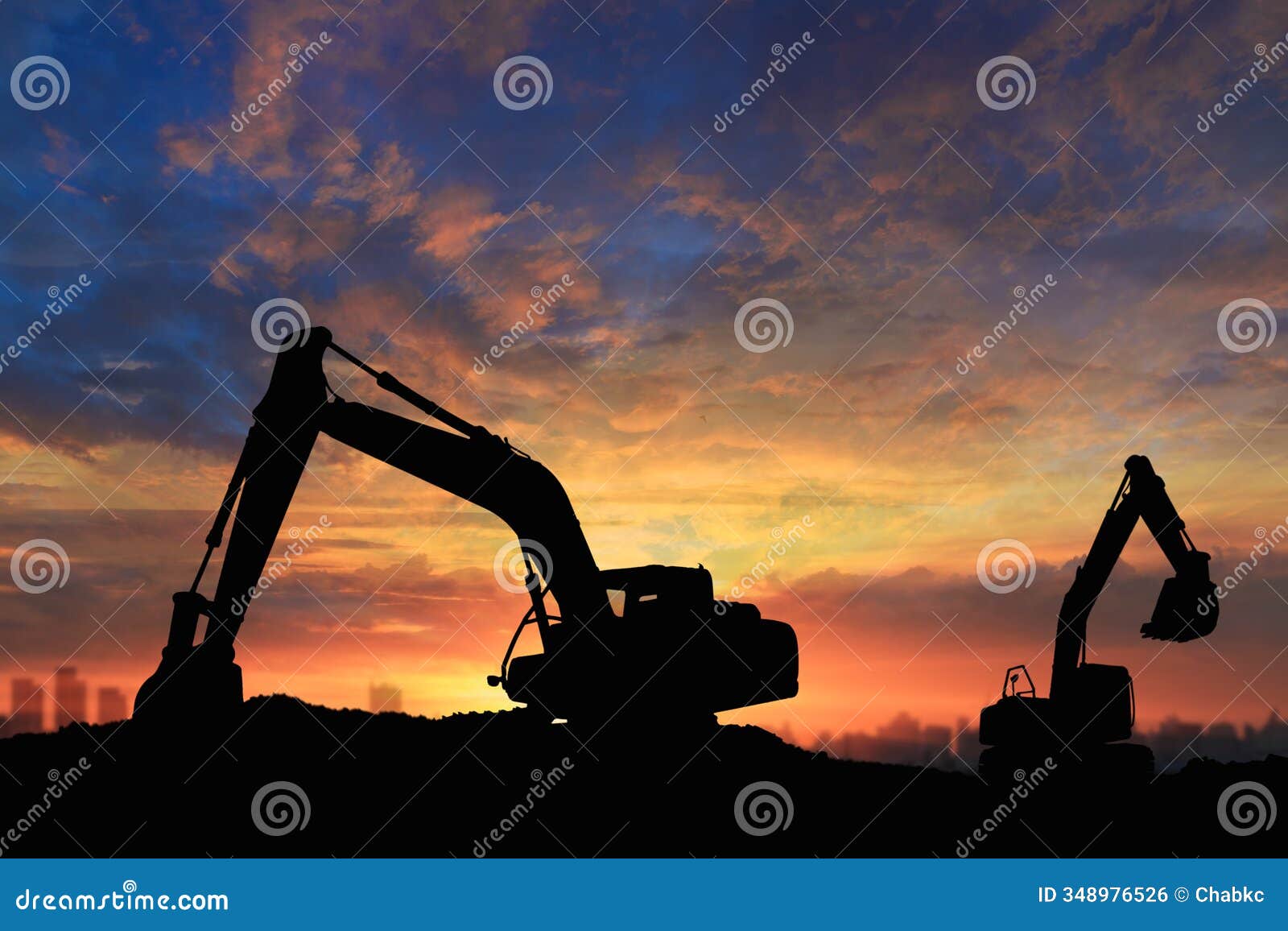 Crawler Excavators Silhouette Are Digging The Soil In The Construction ...
