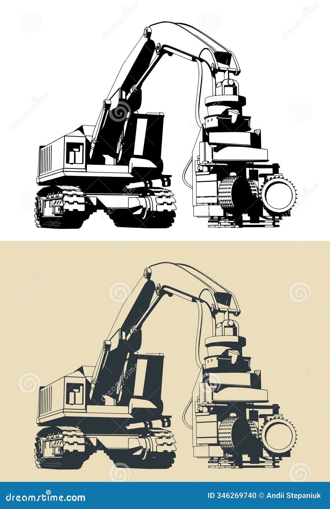 Crawler Forestry Harvester Blueprints Vector Illustration ...