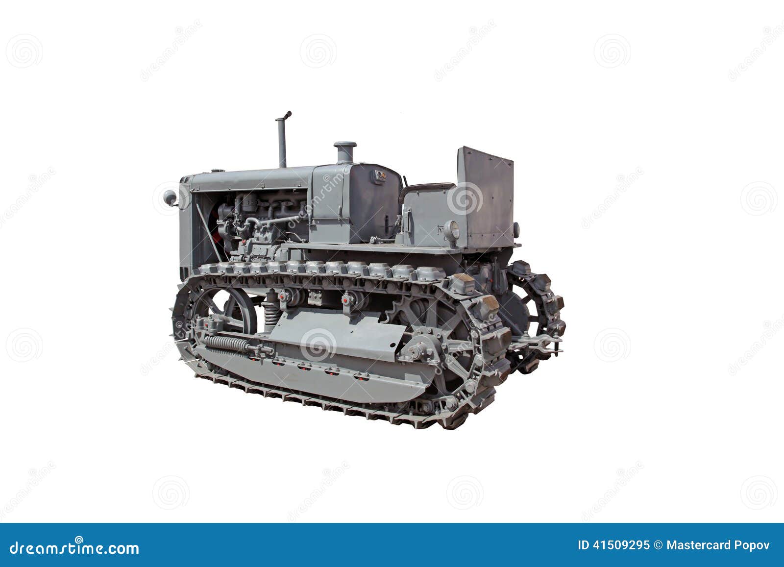 An Old Red Crawler Tractor Spreads The Ground Near Unfinished Small ...