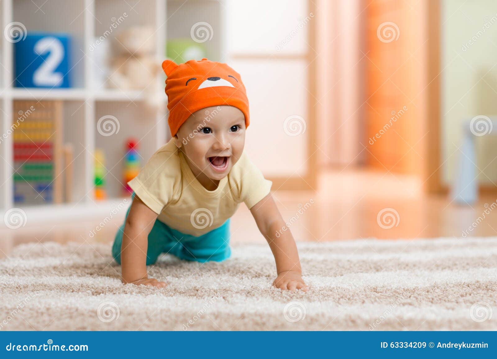 Crawling Kid or Child at Home on Carpet Stock Image - Image of playful ...