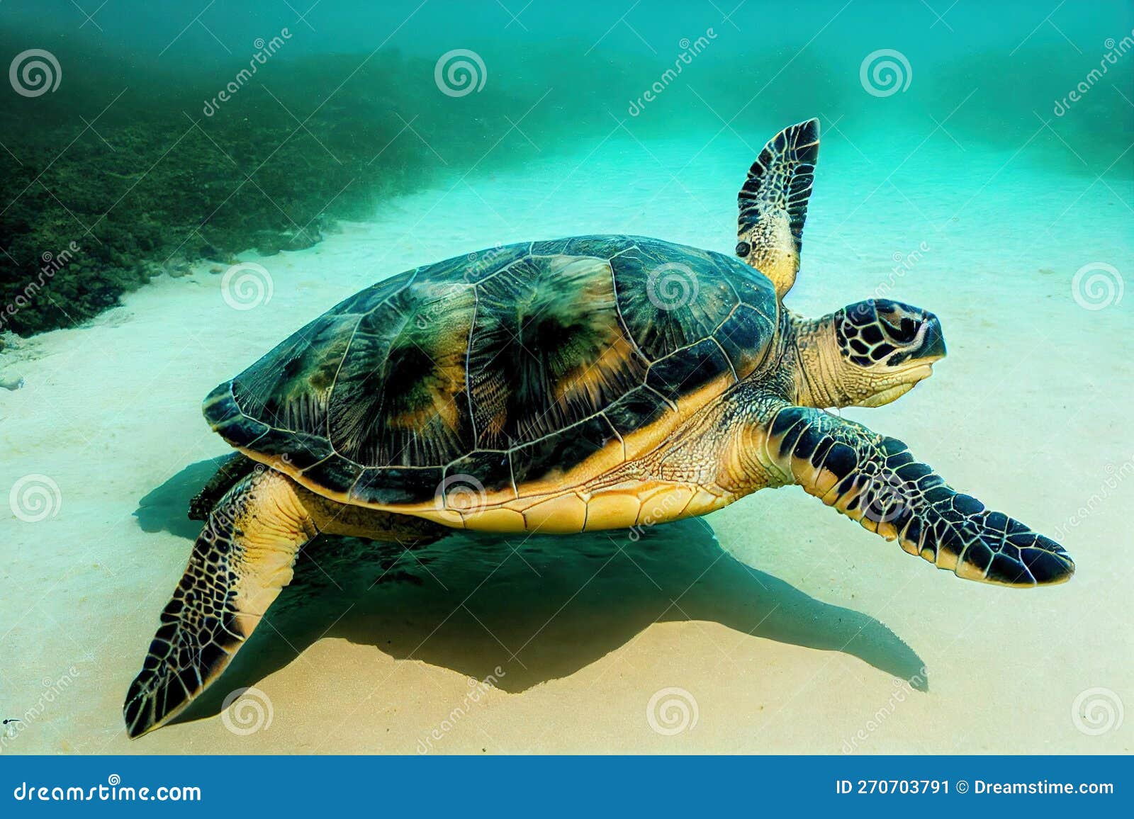 Crawling on Sandy Bottom Sea Turtle in Ocean Current Stock Illustration ...