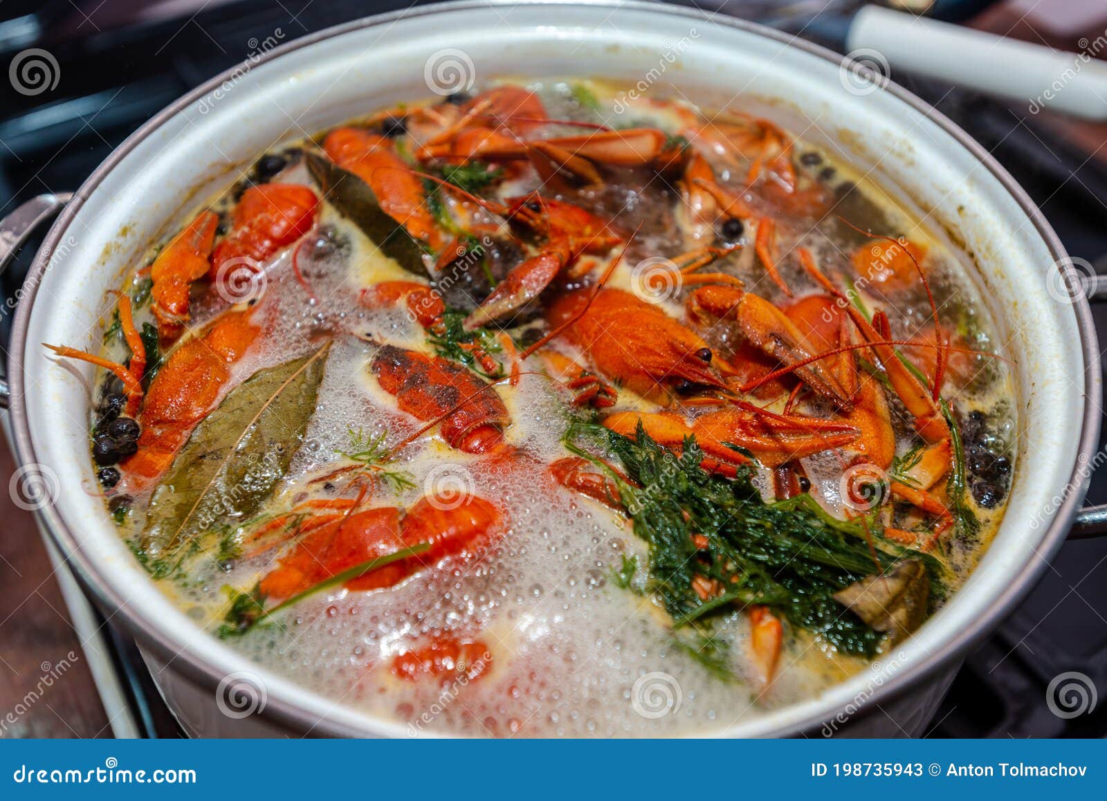 Crayfish are Boiling in a Large Saucepan with Dill on the Fire Stock ...