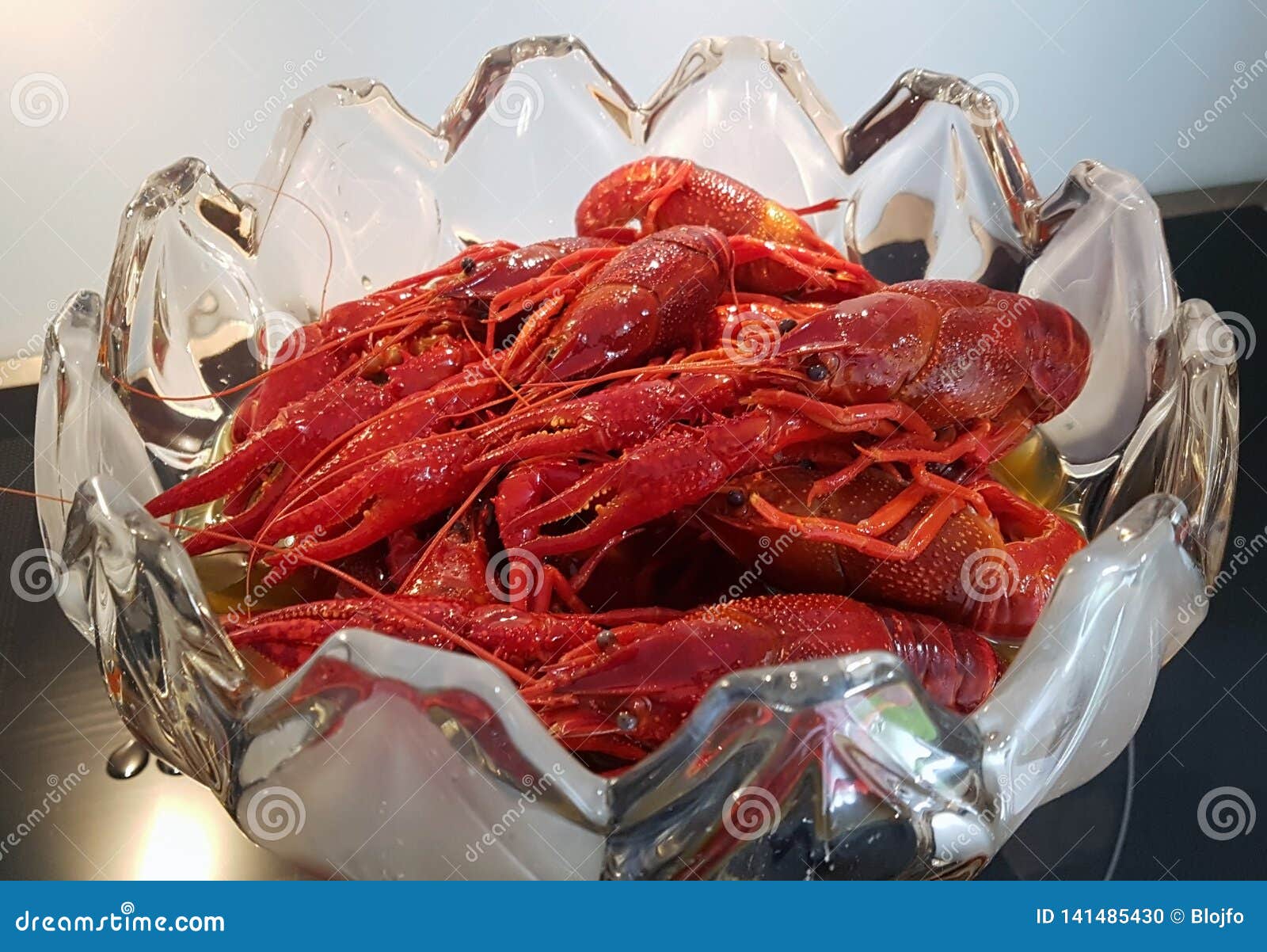 Crayfish in glass dish stock photo. Image of seafood - 141485430