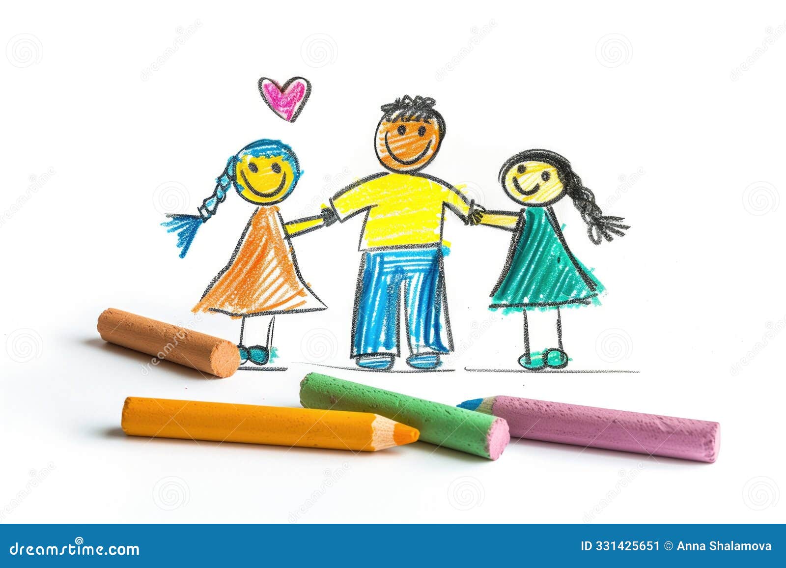 Crayon Drawing of Three Happy Children Holding Hands with Colorful ...