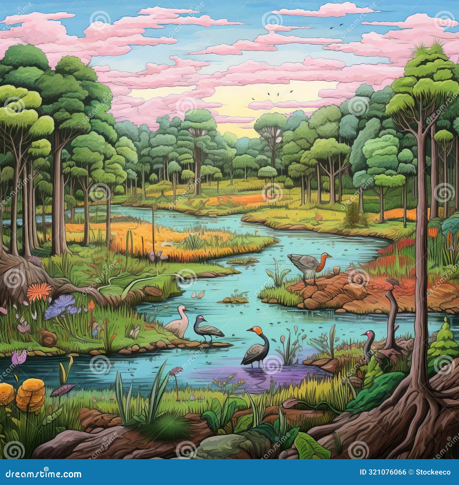 Crayon Style Forest View of Mythical Marsh Plains Creatures Stock ...