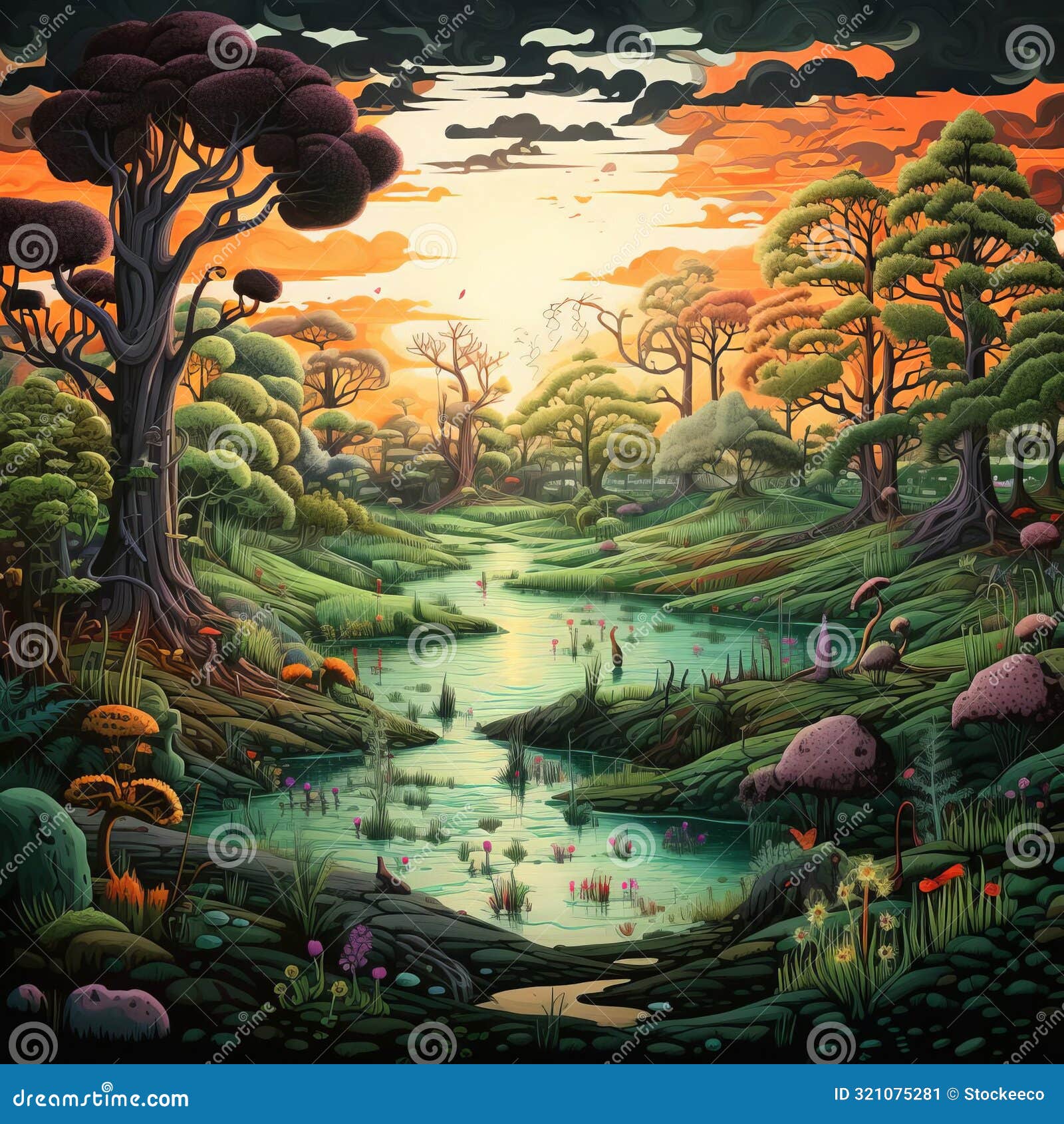 Crayon Style Forest View of Mythical Marsh Plains Creatures Stock ...