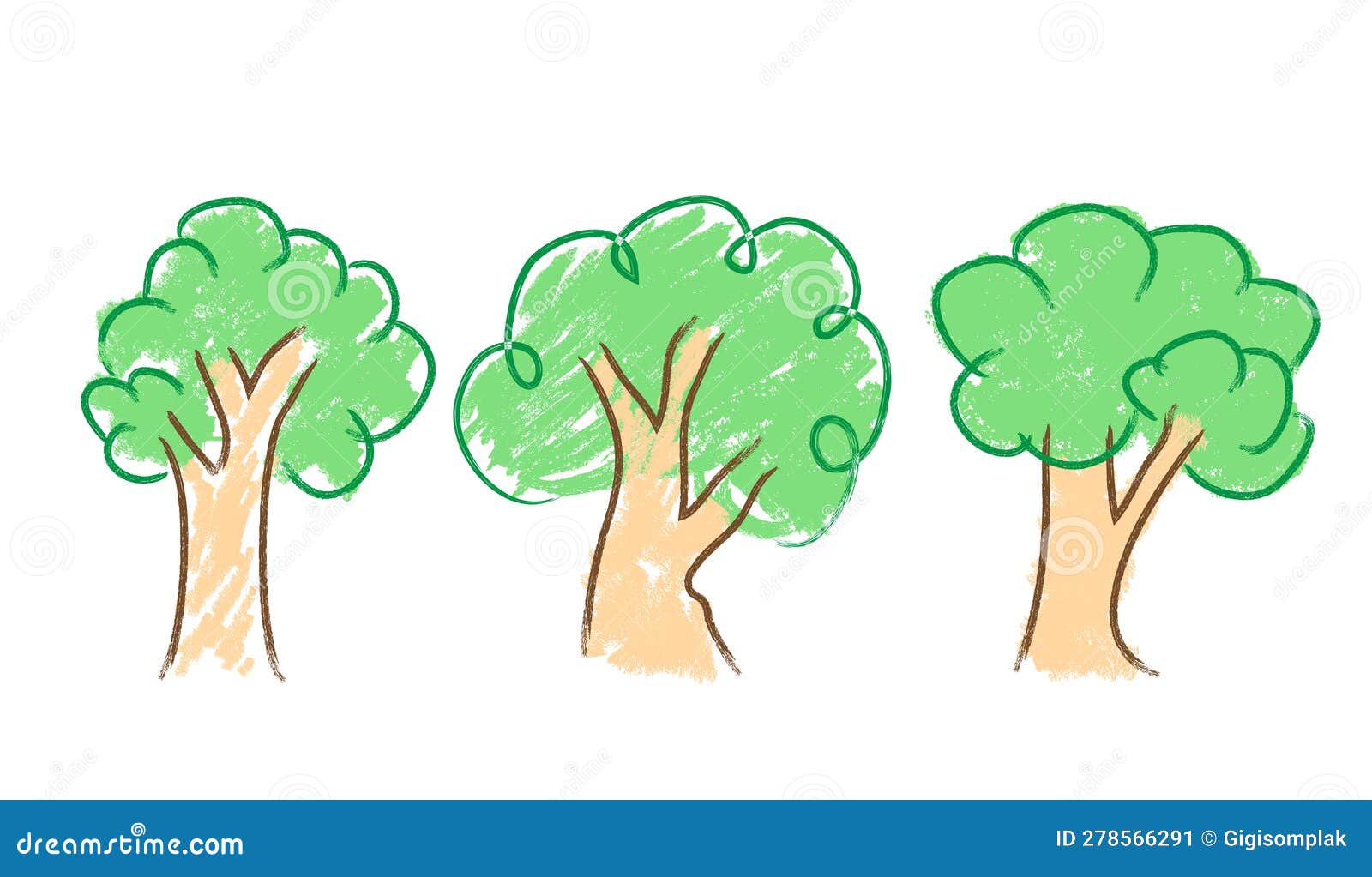 Simple Crayon Vector 3 Big Tree, Isolated on White Stock Vector ...