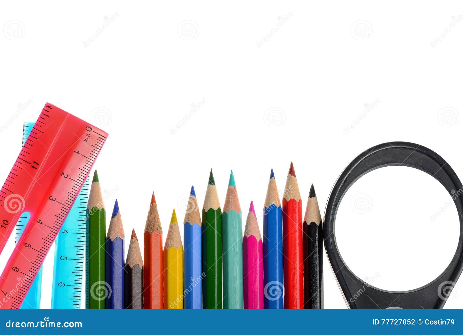Crayons, Magnifying Glass and Two Ruler Stock Photo - Image of studio ...