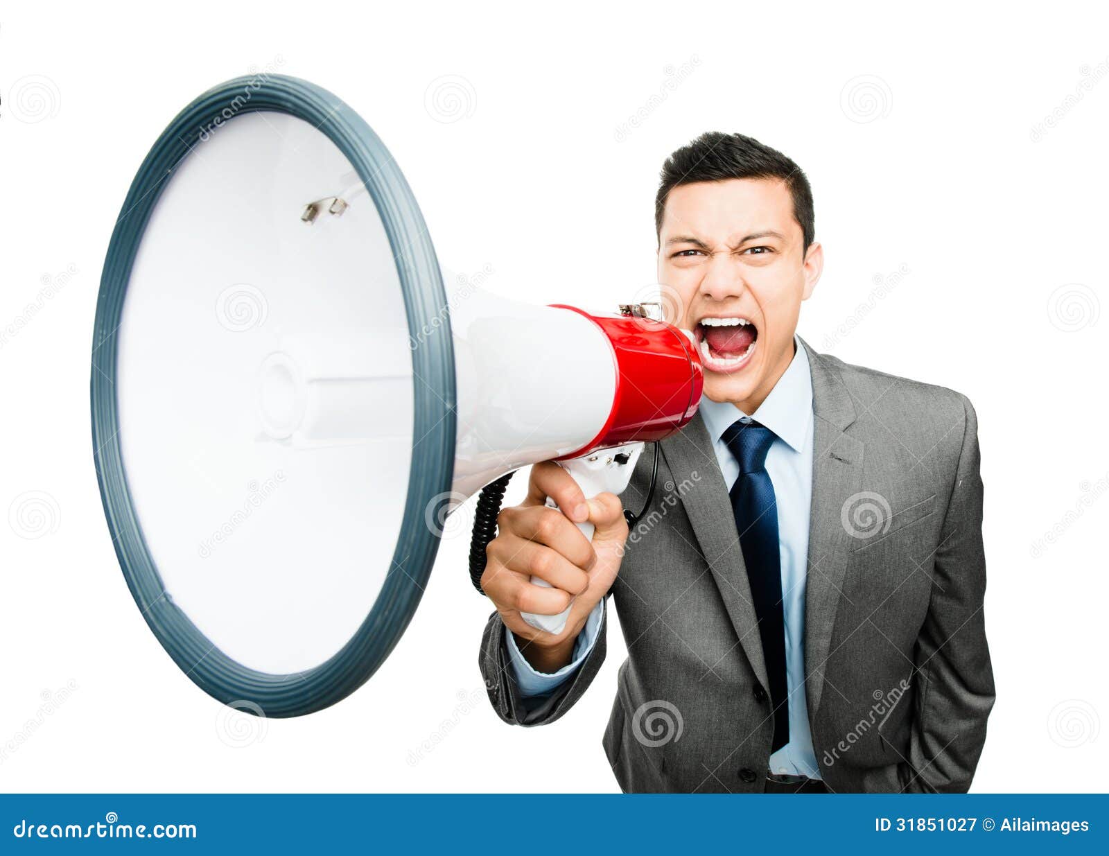 Crazy Asian Businessman Screaming in Megaphone on White Background ...