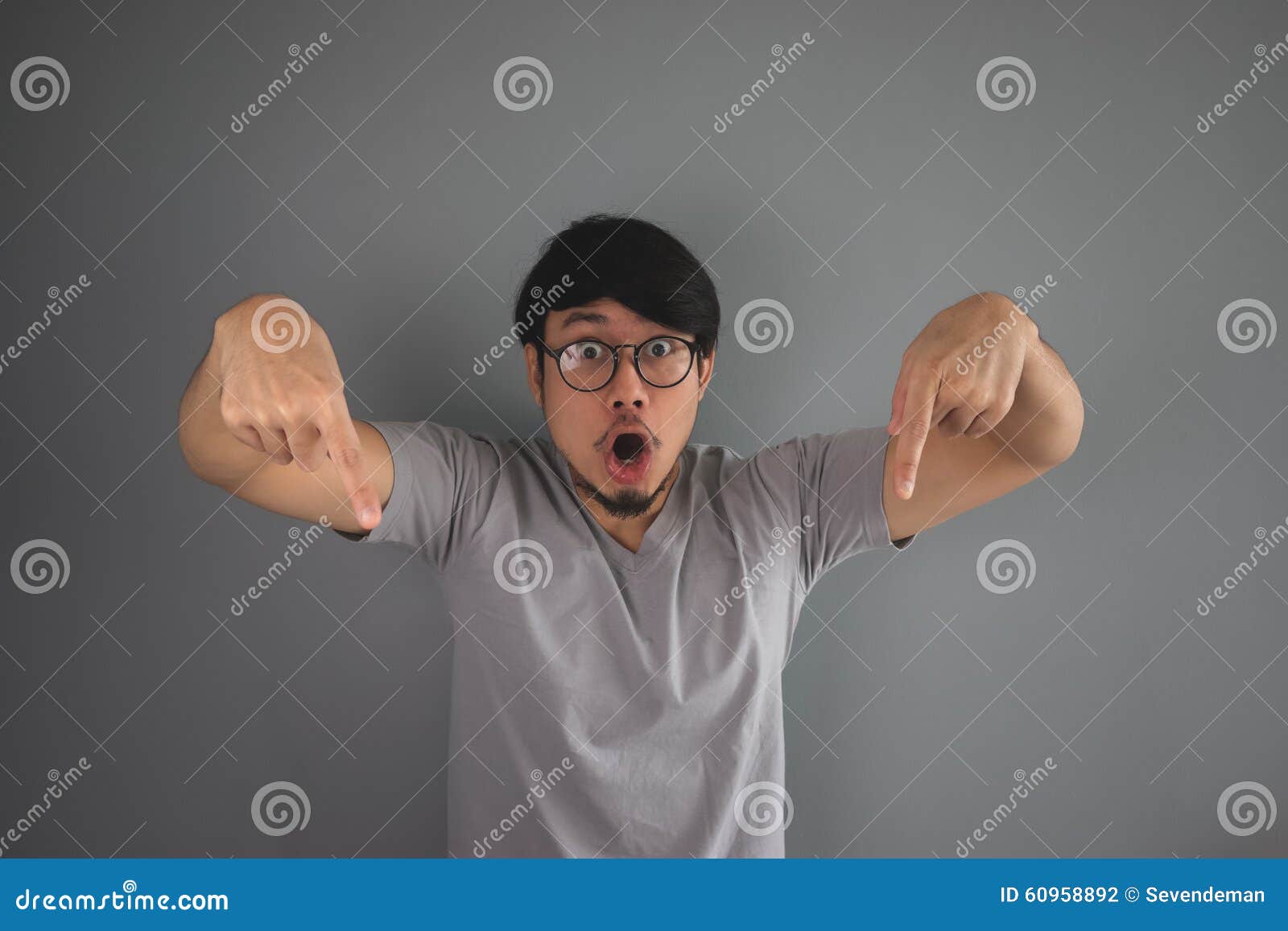 Crazy Asian Man is Pointing Down. Stock Photo - Image of asian, funny ...