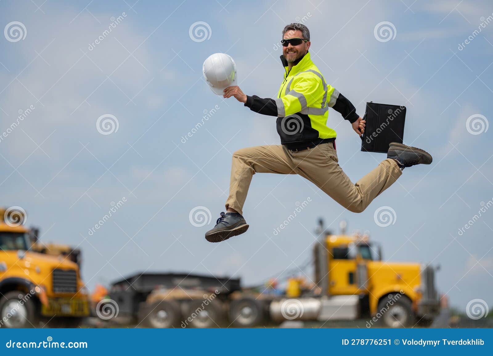 Crazy Builder Excited Jump on Site Construction. Excited Builder ...