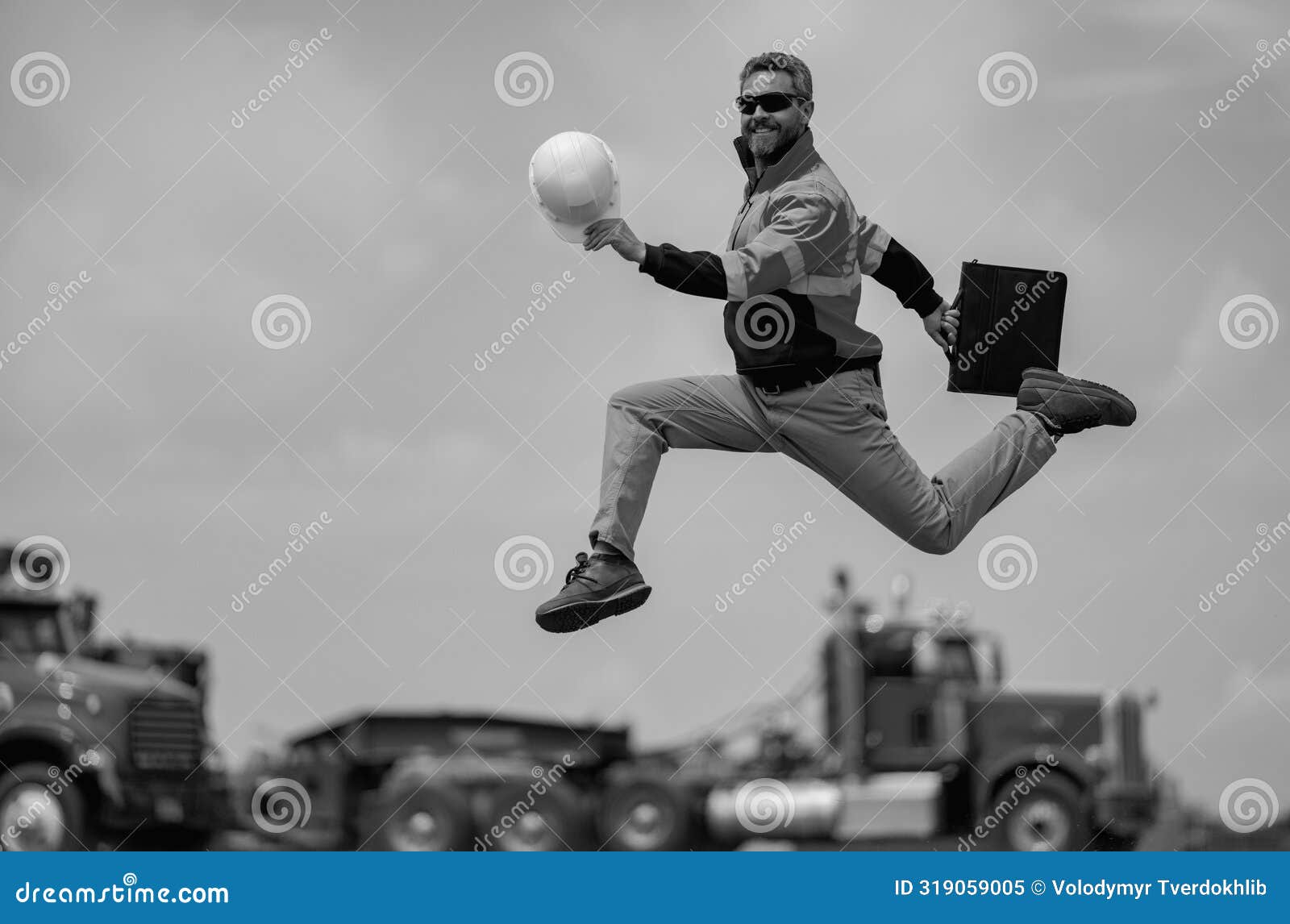 Crazy Builder Excited Jump on Site Construction. Excited Builder ...