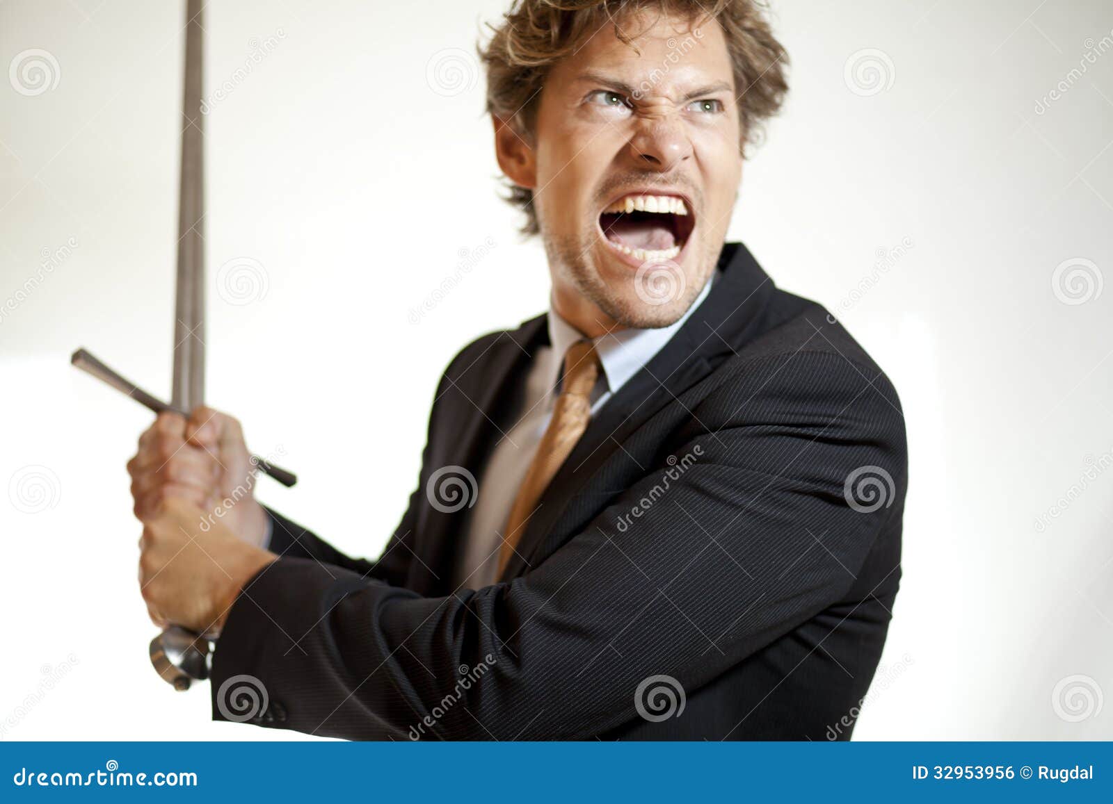 Crazy Businessman Attacking with a Sword Stock Photo - Image of stance ...