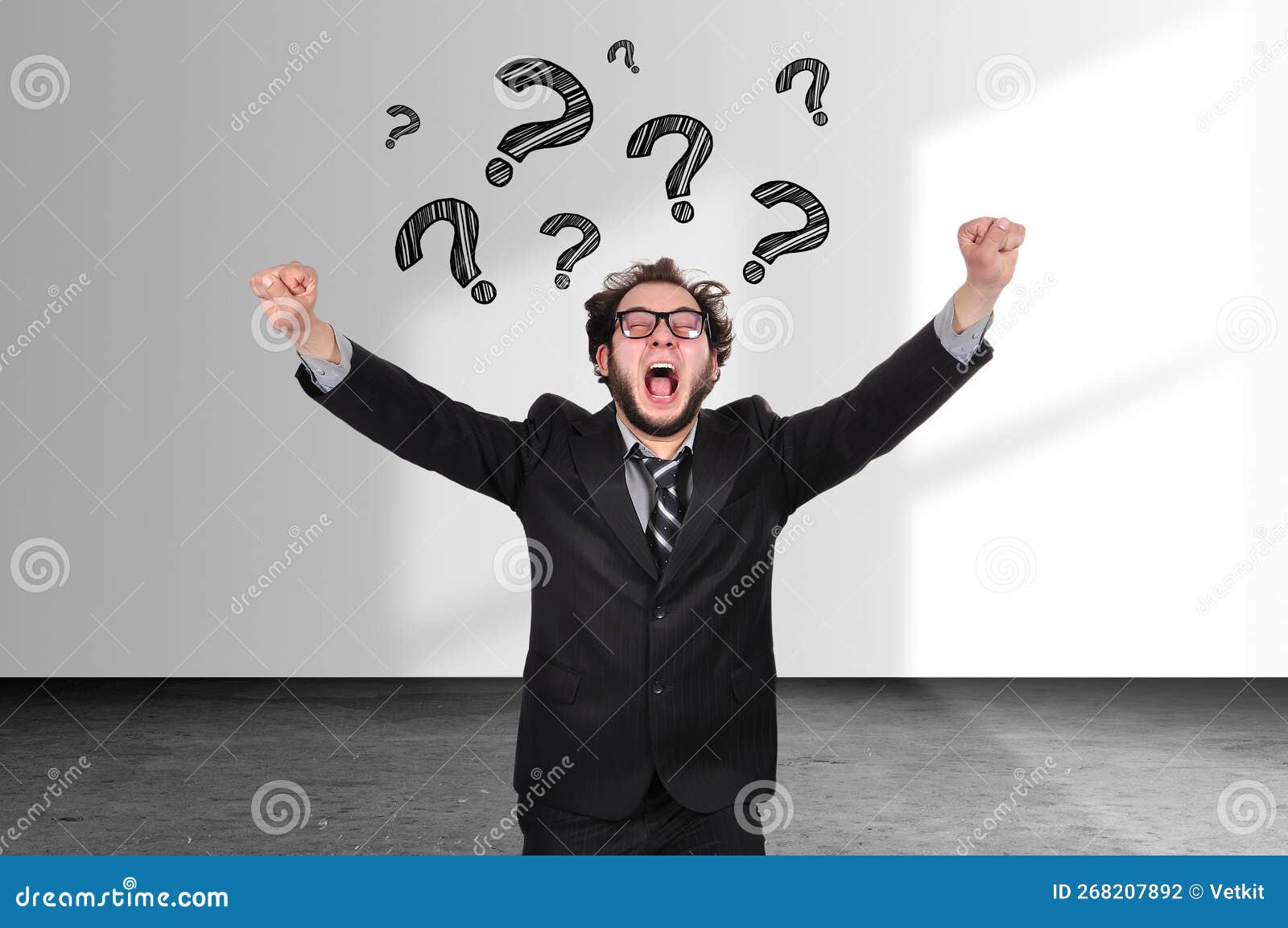 Crazy Businessman with Drawing Question Marks Over Head Stock ...