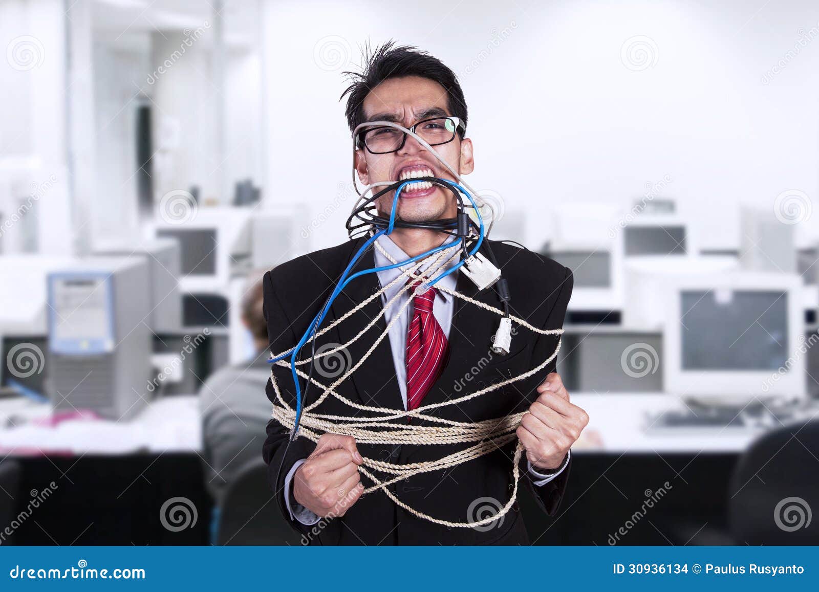 Businessman Tied With Rope Sitting In Front Of Table Stock Image ...