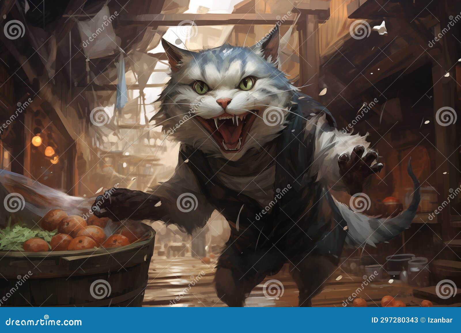 Crazy Cat Stealing Fish at the Market Illustration AI Generated Stock ...
