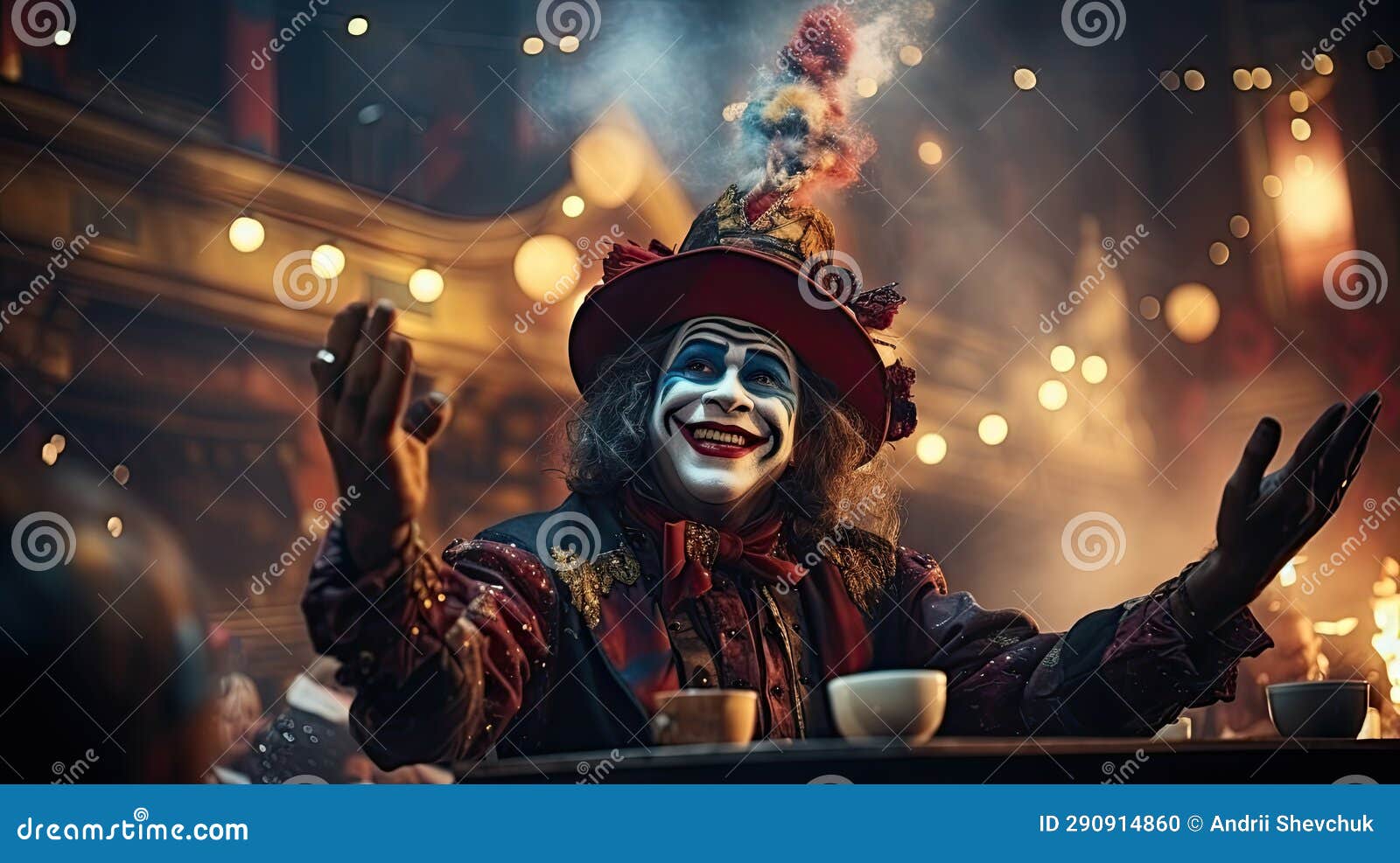 Crazy Clown Sit in Table. Carnival Circus Concept Stock Illustration ...