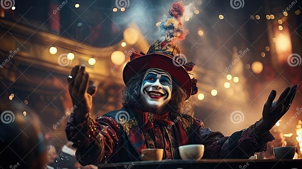 Crazy Clown Sit in Table. Carnival Circus Concept Stock Illustration ...