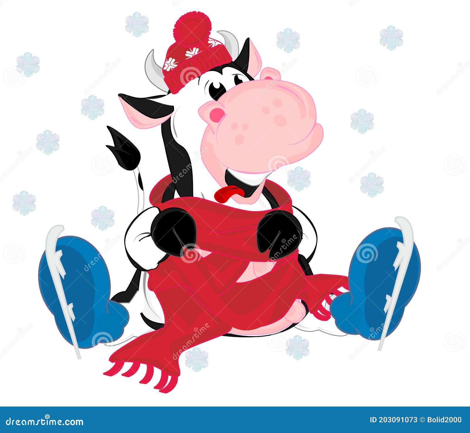 Funny winter cow stock illustration. Illustration of cold - 203091073