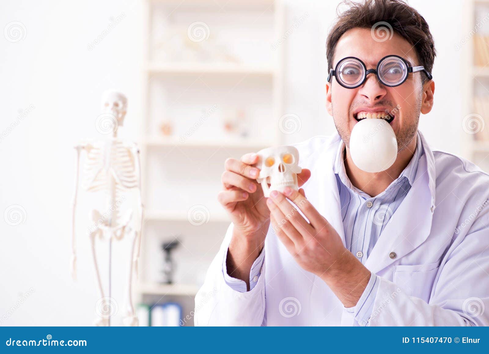 The Crazy Doctor Studying Human Skeleton Stock Photo - Image of exam ...