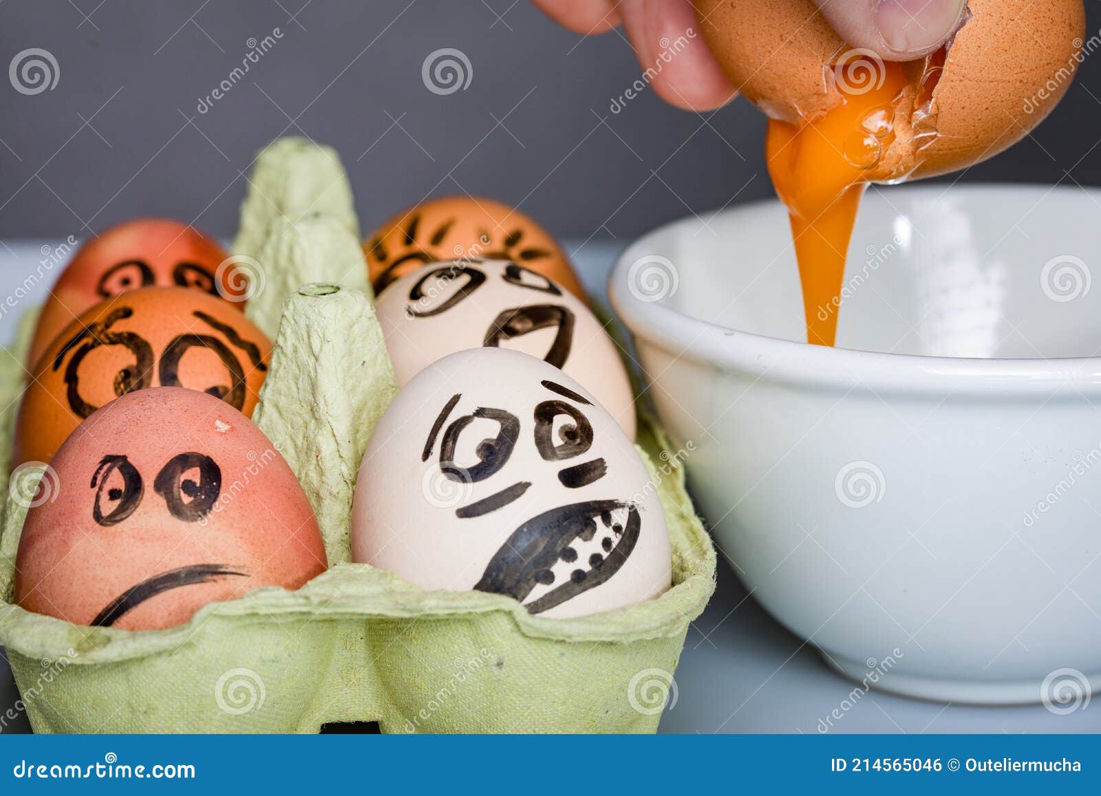 Crazy Eggs Terrified, Scared Faces Staring from Egg Tray at Broken Egg ...