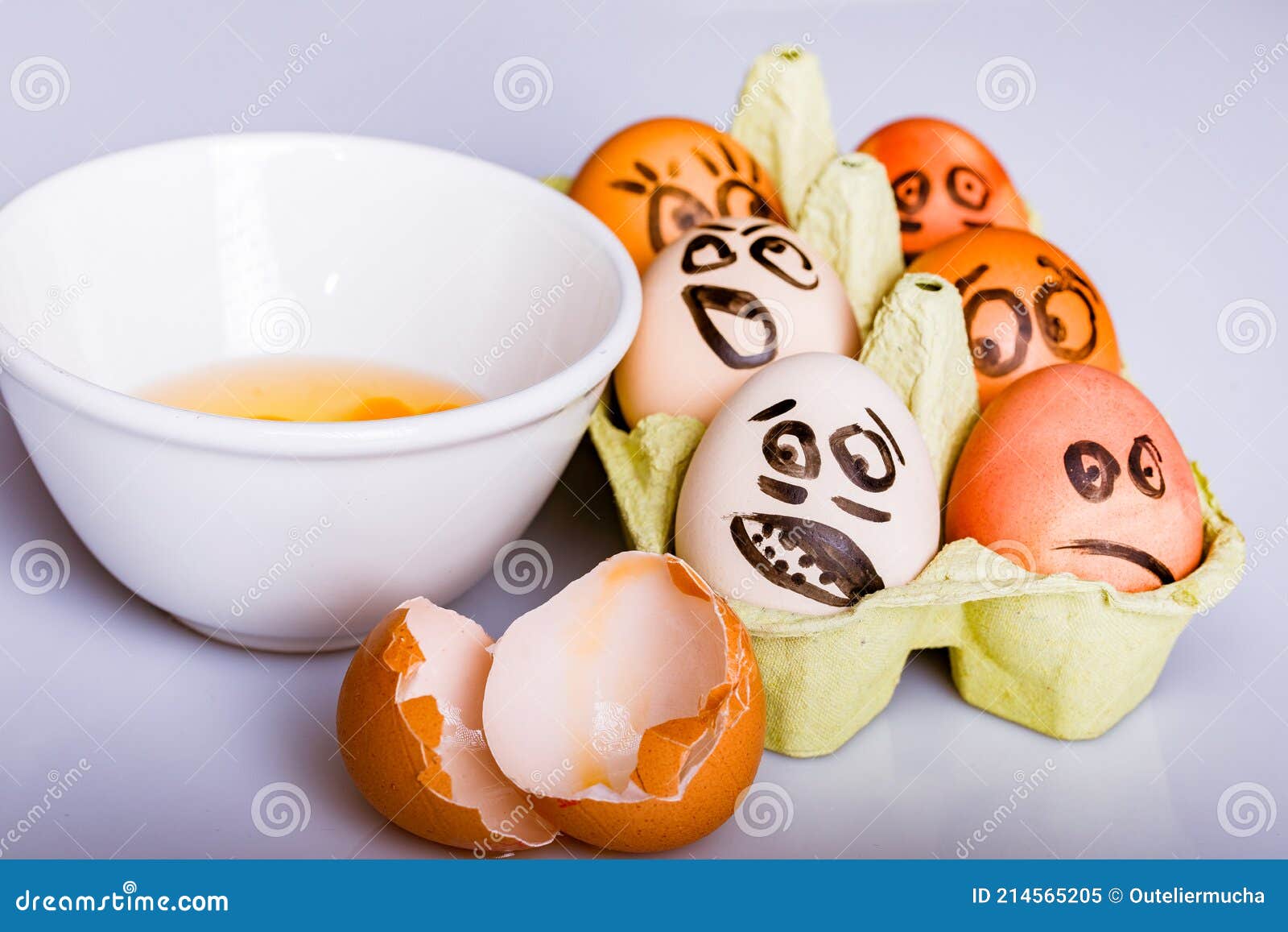 Crazy Eggs Terrified, Scared Faces Staring from Egg Tray at Broken Egg ...