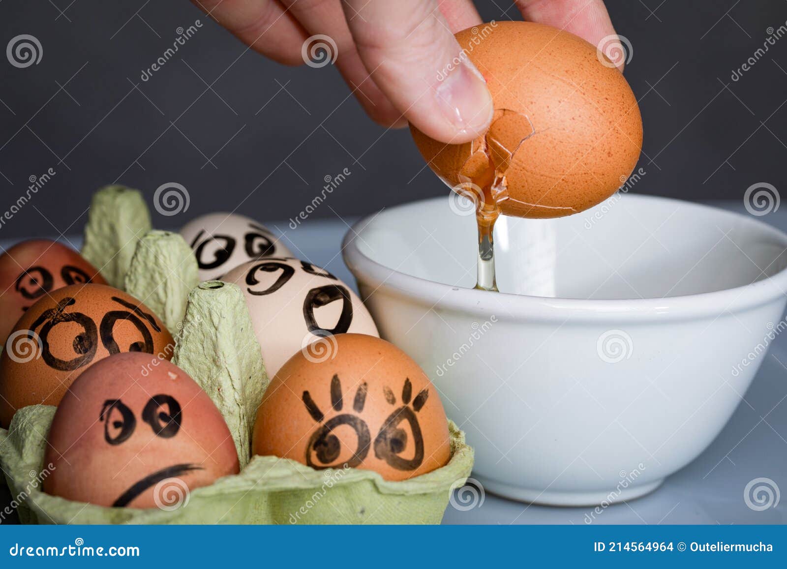 Crazy Eggs Terrified, Scared Faces Staring from Egg Tray at Broken Egg ...