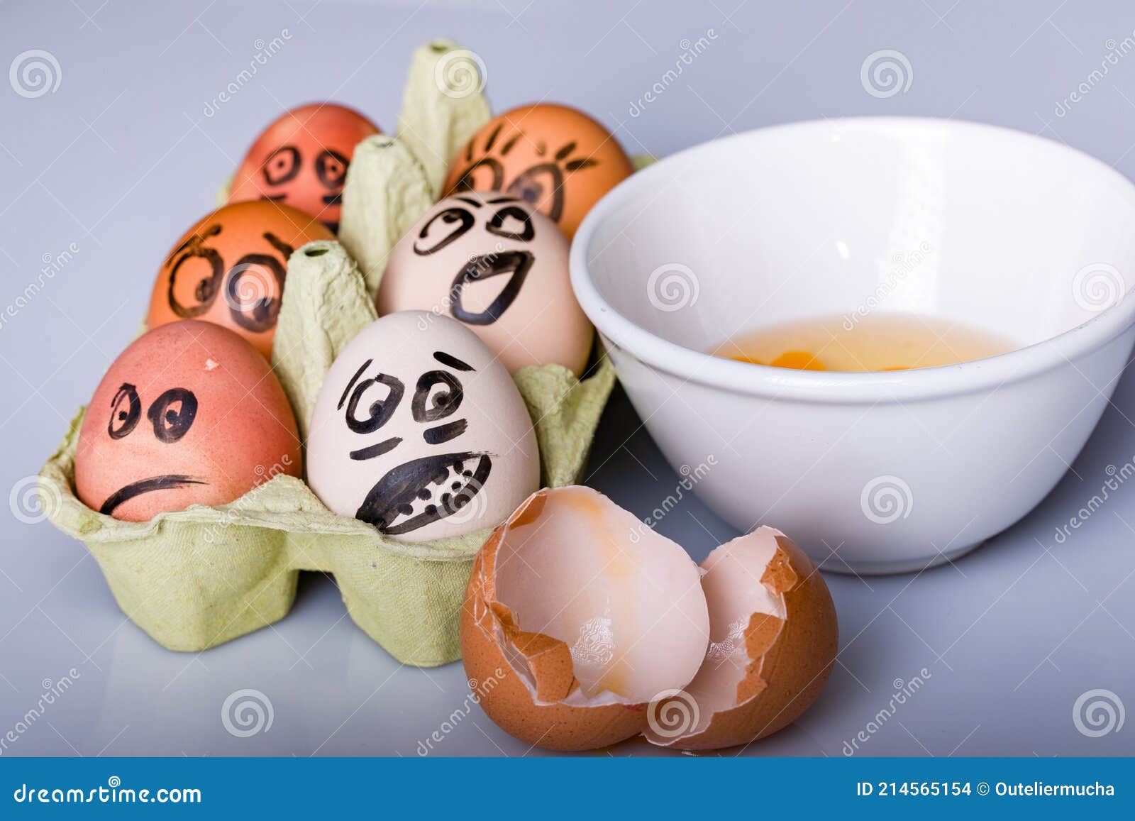 Crazy Eggs Terrified, Scared Faces Staring from Egg Tray at Broken Egg ...