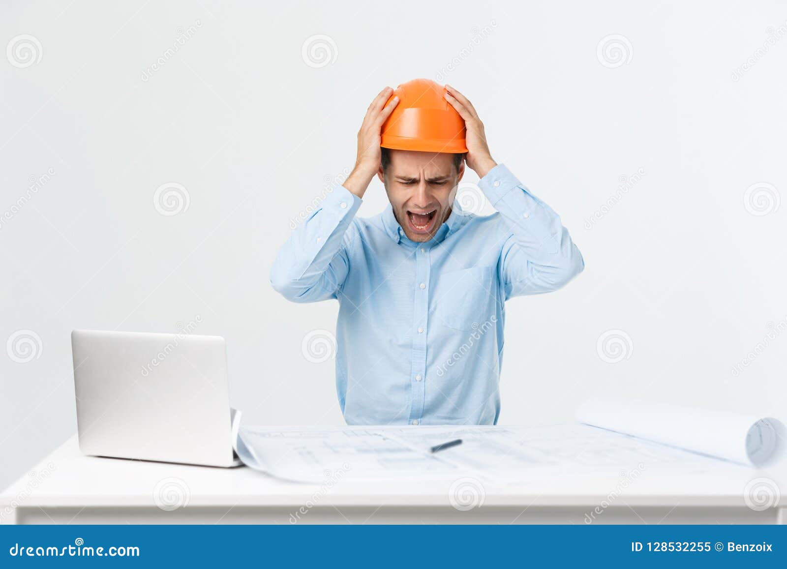 Crazy Engineer or Architect Man with His Project in His Office. Angry ...