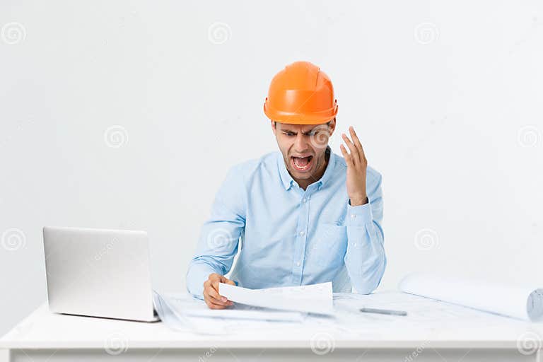 Crazy Engineer or Architect Man with His Project in His Office. Angry ...